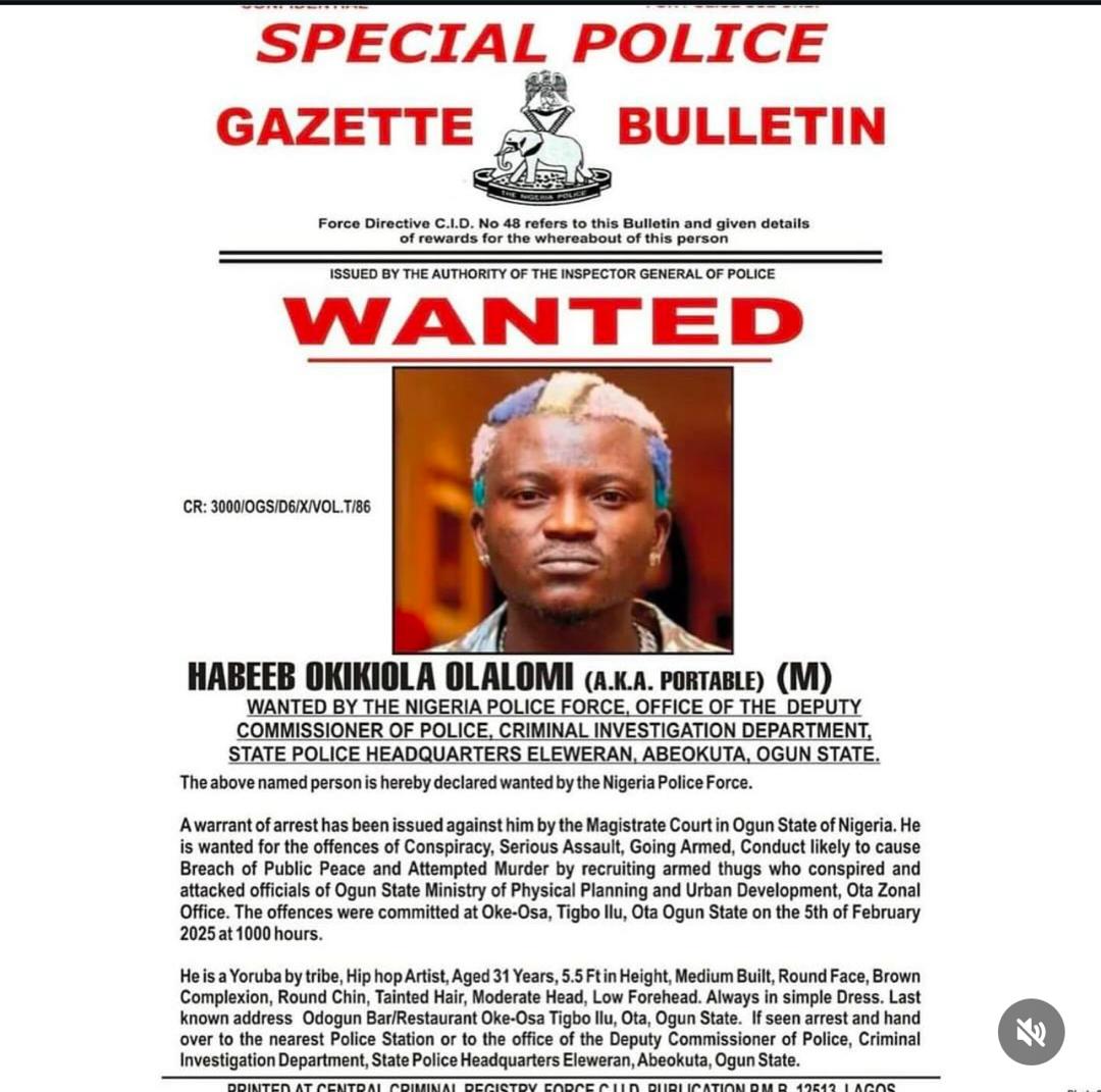 Nigerian musician, Portable declared wanted - Naija police & You