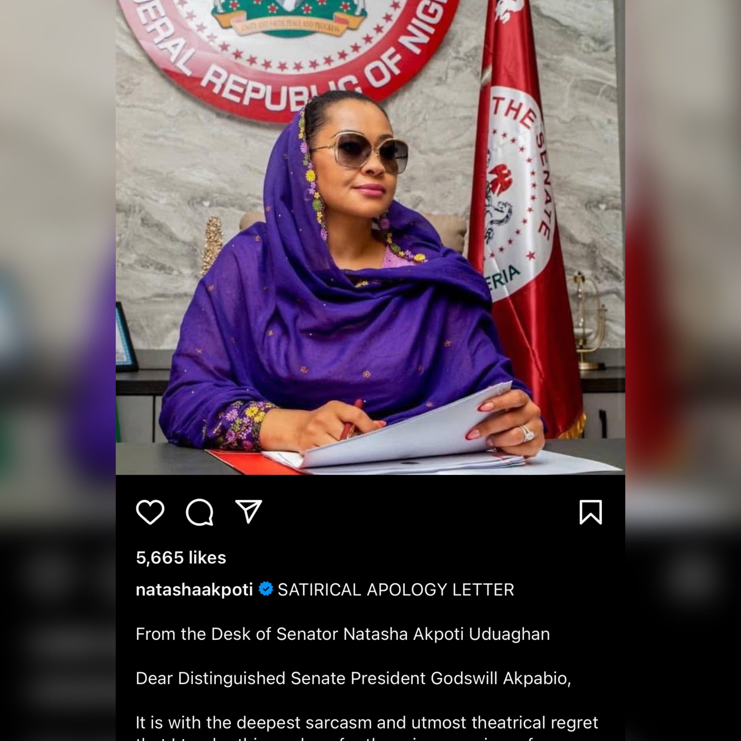 Natasha writes apology letter to Akpabio - Naija police & You